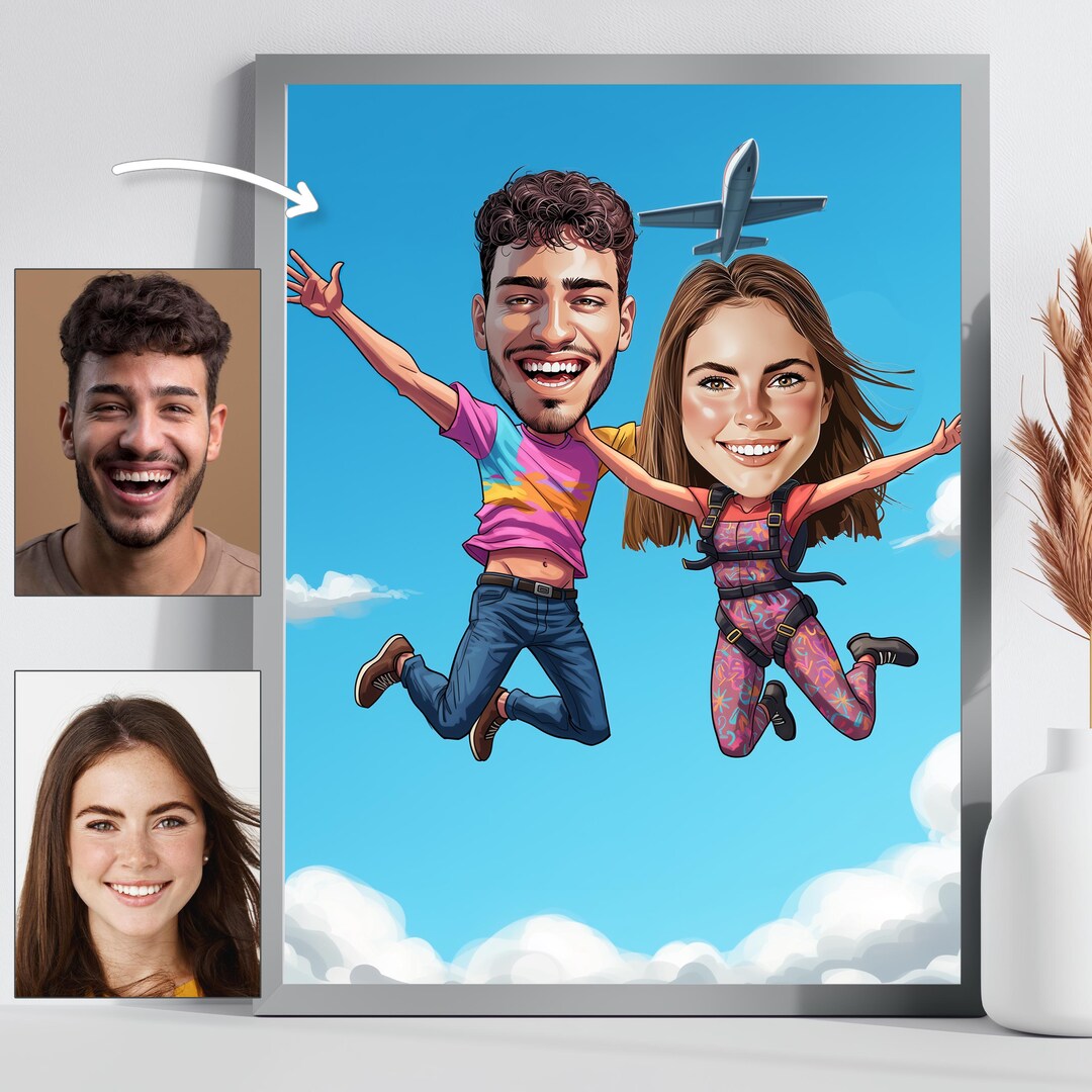 Custom Skydiving Couple Caricature Portrait | Personalized Digital Gift ...