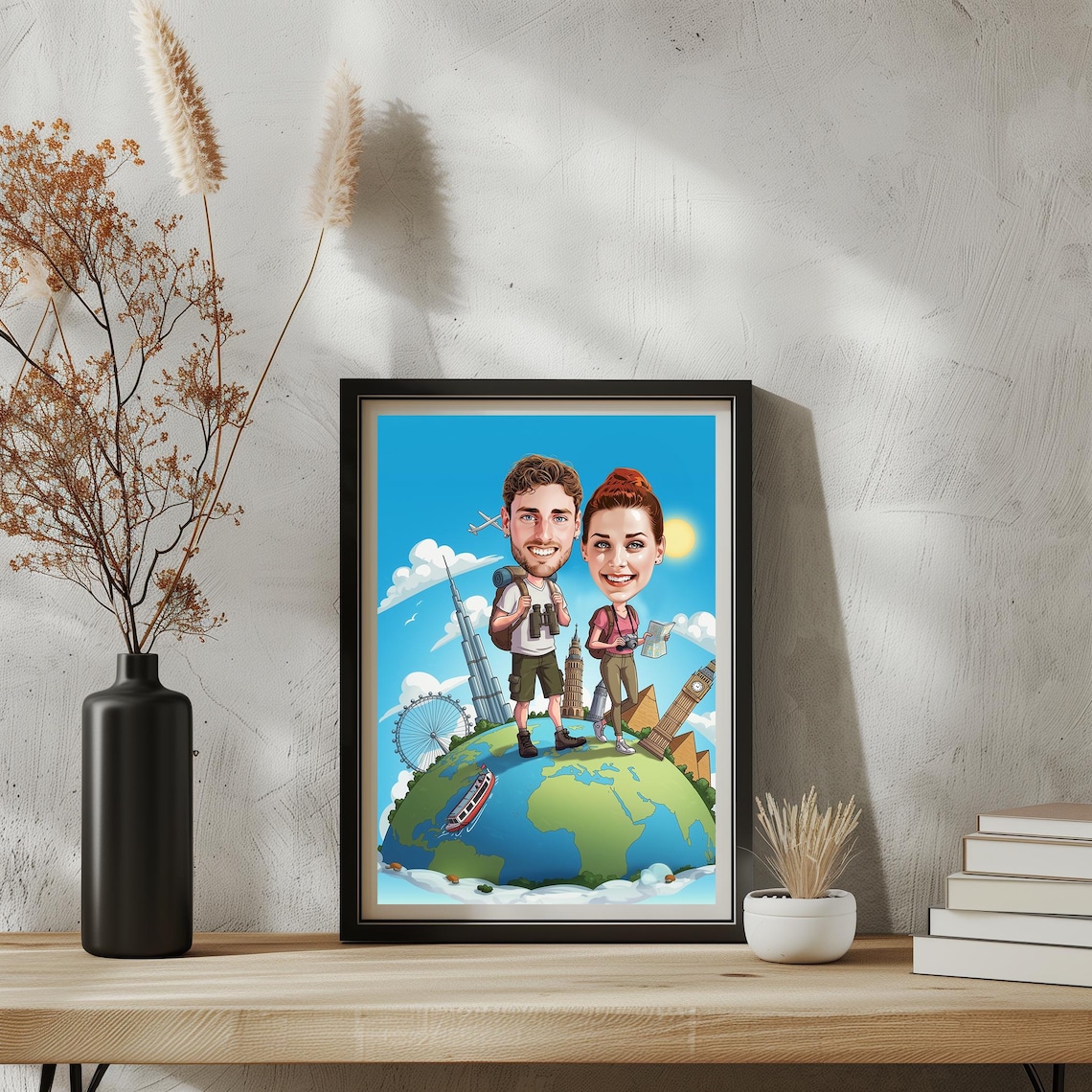 Custom Travel Couple Caricature, World Landmarks Cartoon Portrait ...