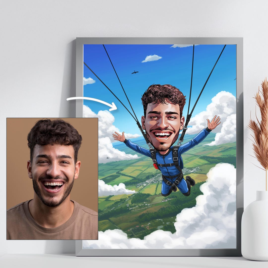 Custom Skydiver Portrait, Personalized Parachute Caricature From Photo ...