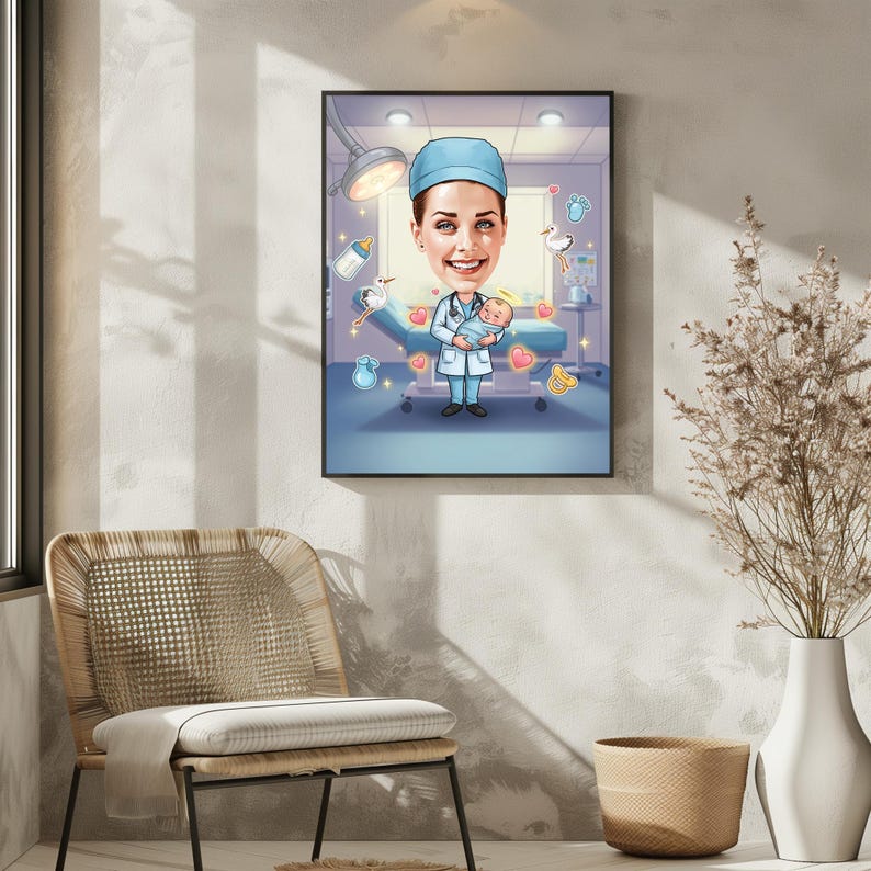 Custom Baby Doctor Caricature | Cute Newborn Delivery Wall Art, Stork ...