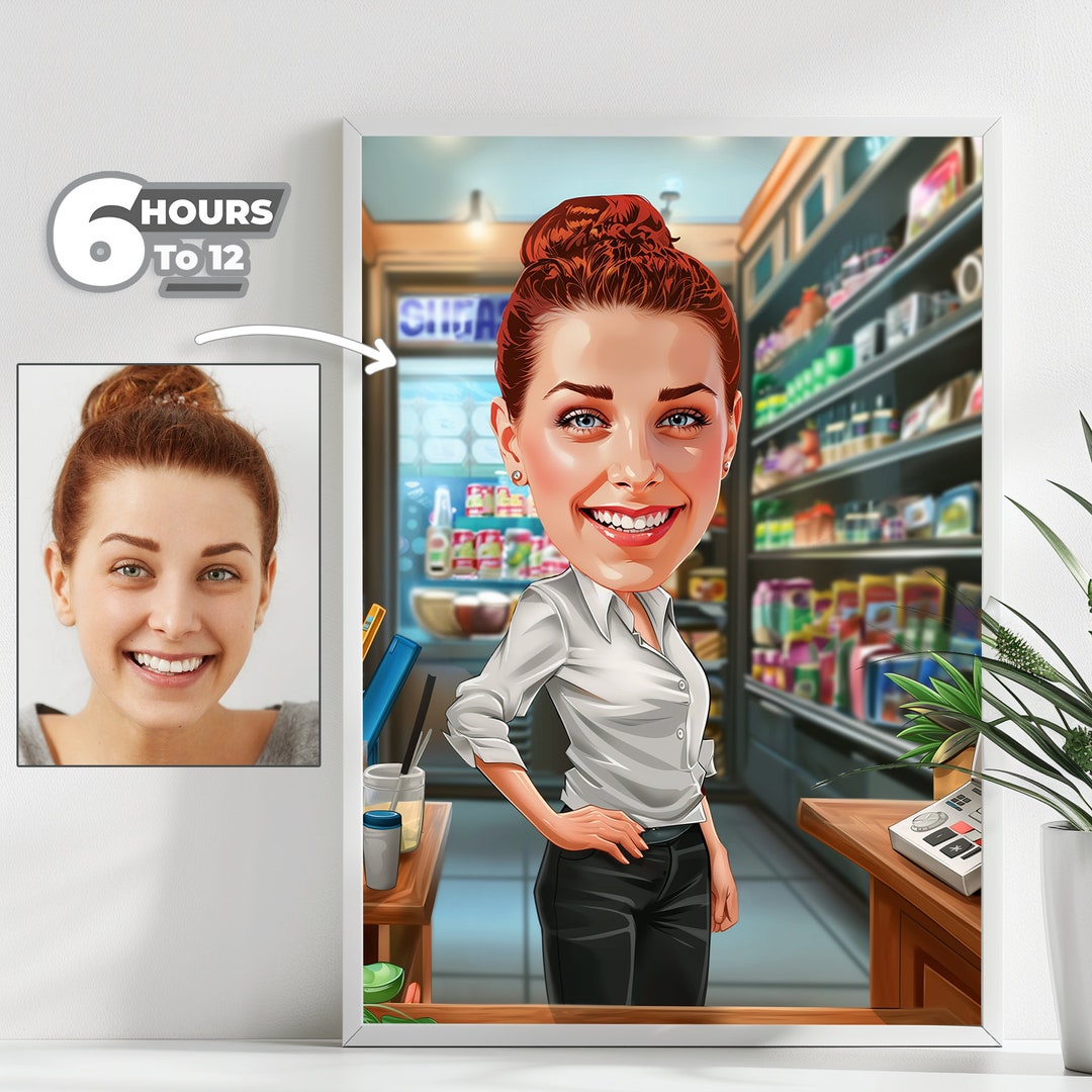 Custom Cashier Caricature Portrait - Unique Gift for Cashiers, Cartoon ...
