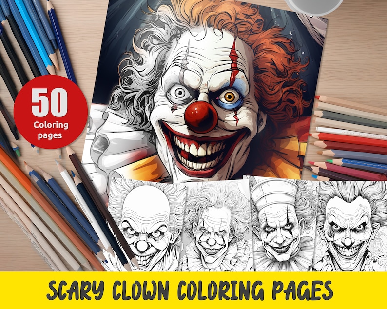 50 Scary Clown Coloring Pages Grayscale Clown Coloring Book - Etsy