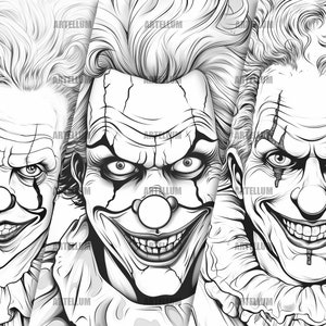 50 Scary Clown Coloring Pages, Grayscale Clown Coloring Book, Creepy ...