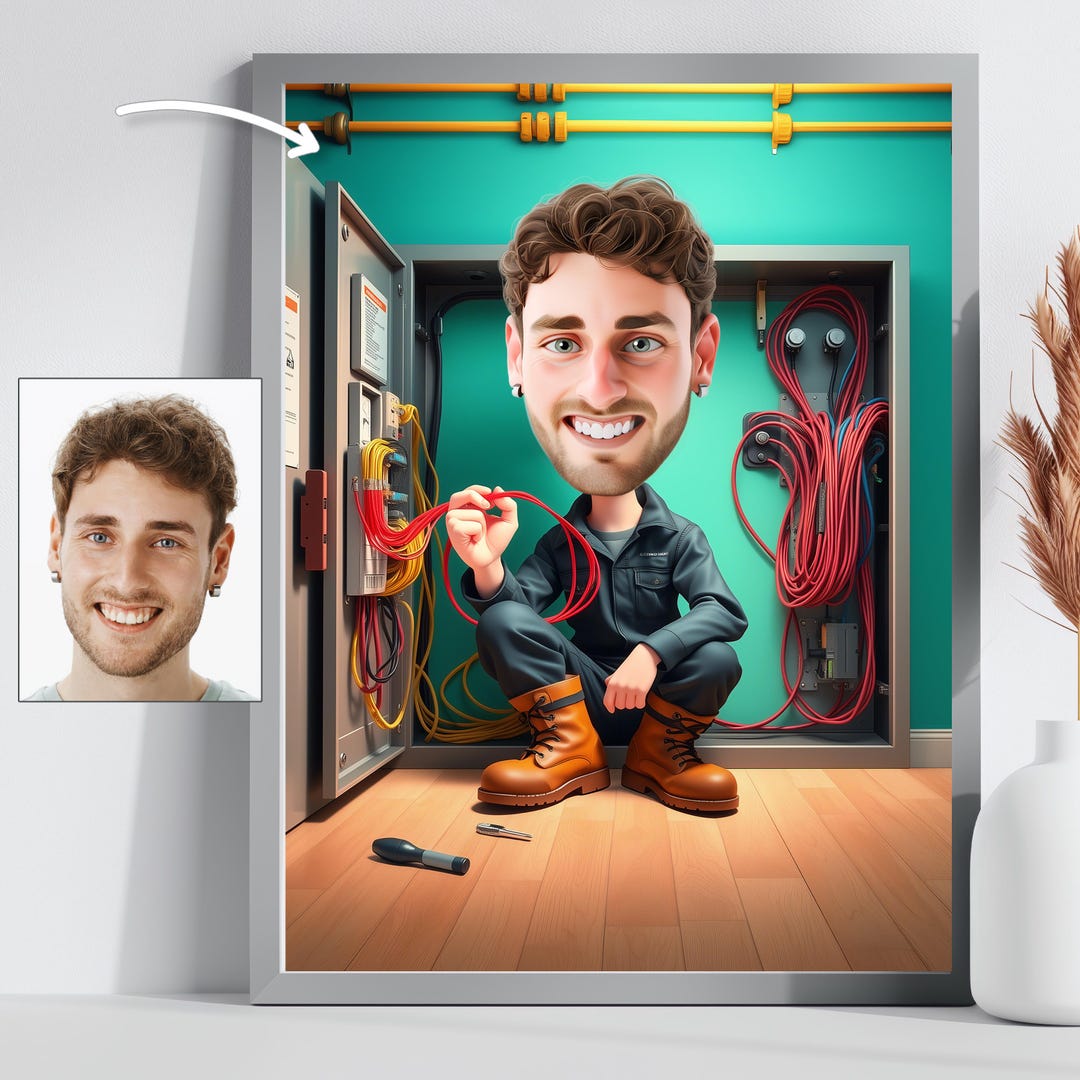 Custom Electrician Caricature - Funny Cartoon Worker Portrait - Unique ...