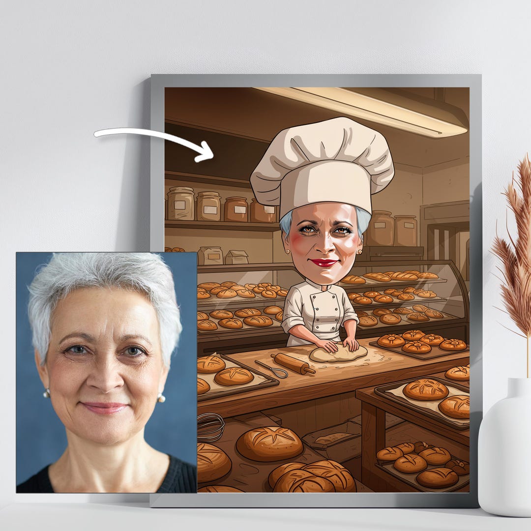 Custom Baker Caricature From Photo, Personalized Bakery Chef Portrait ...