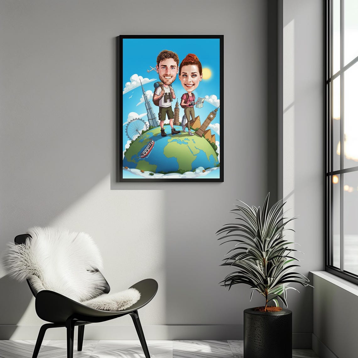 Custom Travel Couple Caricature, World Landmarks Cartoon Portrait ...