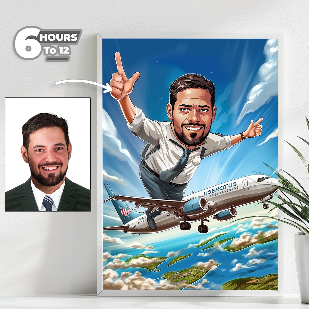 Custom Pilot Caricature Portrait - Personalized Cartoon Style Art From ...