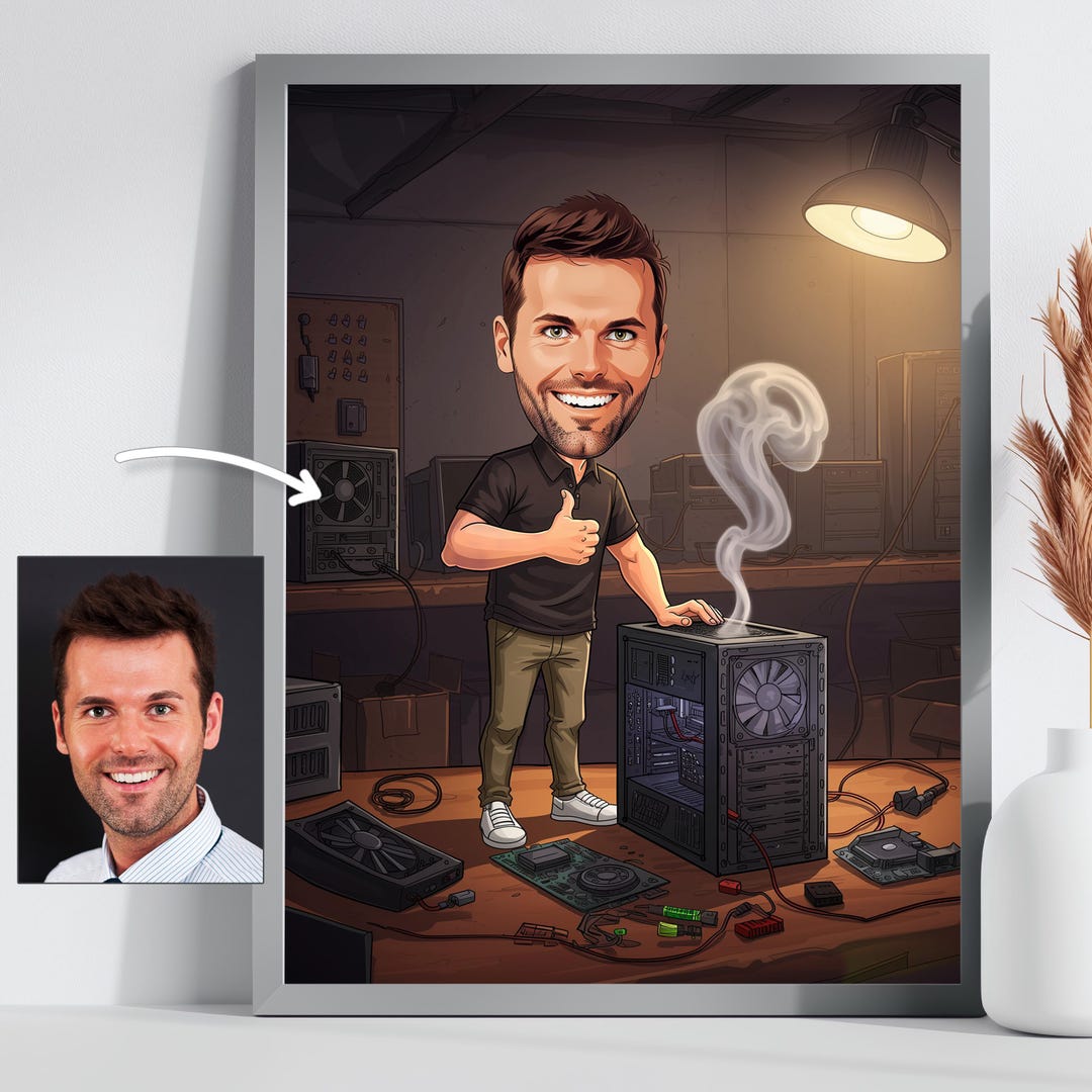 Custom PC Builder Caricature, Computer Tech Digital Portrait, Gaming ...