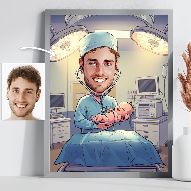 Custom OB Doctor Caricature • Baby Delivery Cartoon Art • Newborn Wall ...