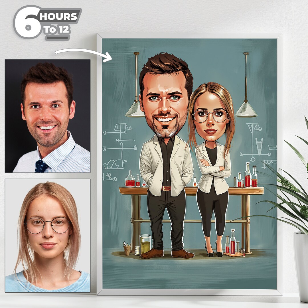 Custom Scientist Couple Caricature Portrait - From Your Photos ...