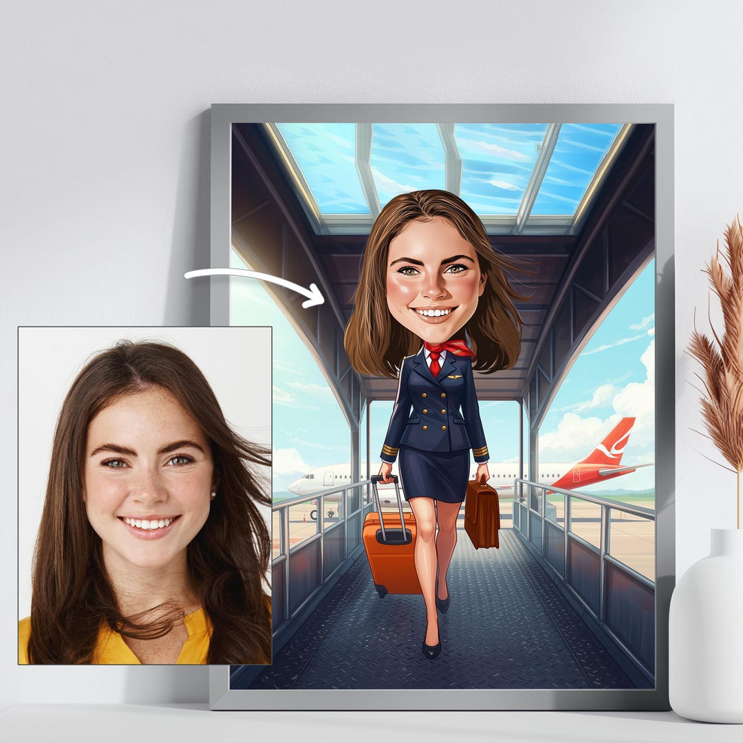 Custom Flight Attendant Portrait, Personalized Airline Crew Caricature ...