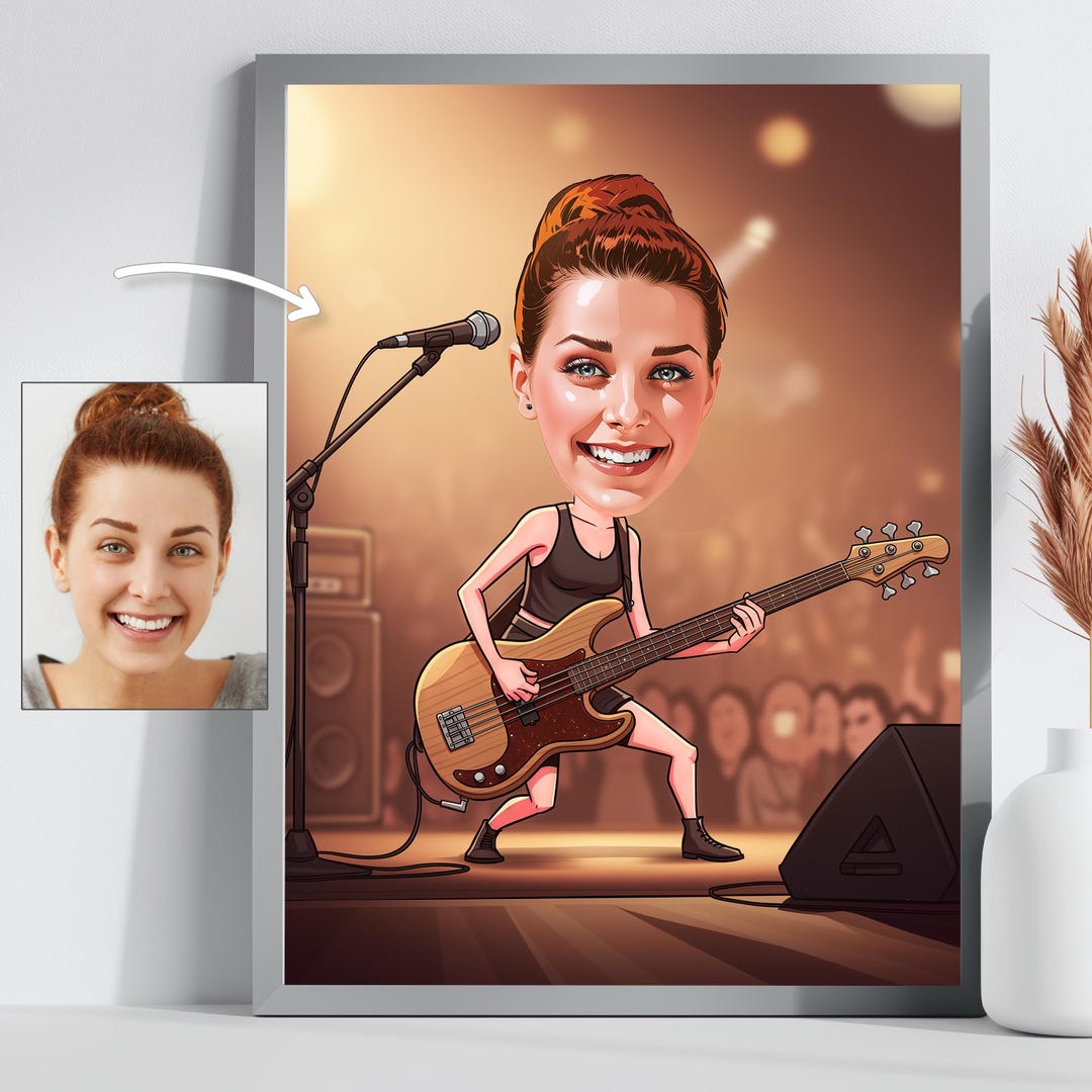 Custom Female Bassist Caricature - Personalized Musician Gift for Rock ...