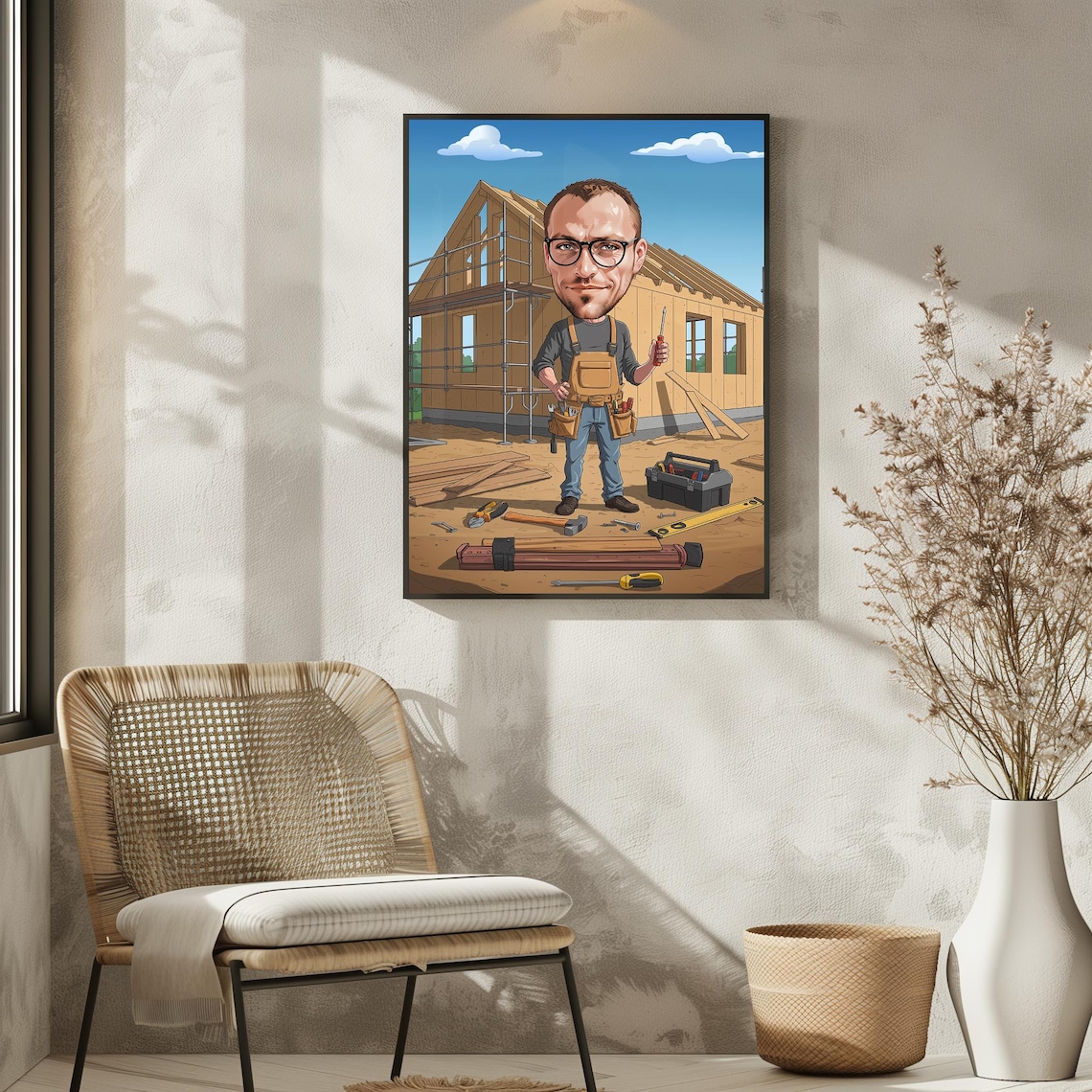 Custom Construction Worker Caricature, Builder Portrait Digital Art ...