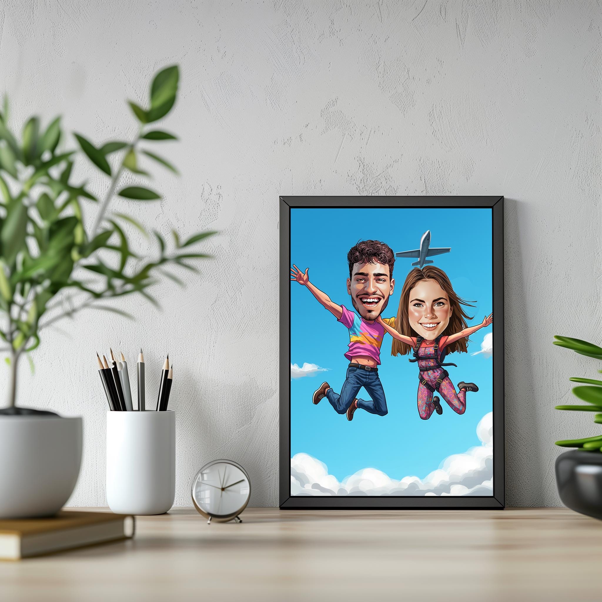 Custom Skydiving Couple Caricature Portrait | Personalized Digital Gift ...