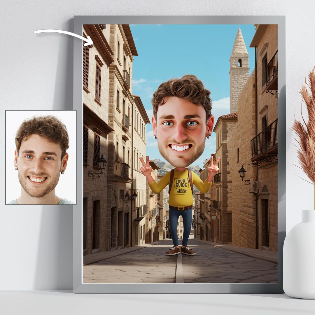 Custom Cartoon Tour Guide Portrait - Fun Big Head Art for Travelers ...