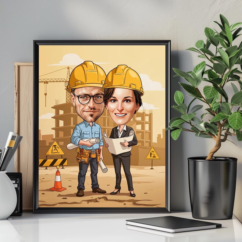 Custom Engineer Cartoon Portrait, Construction Site Digital Drawing ...