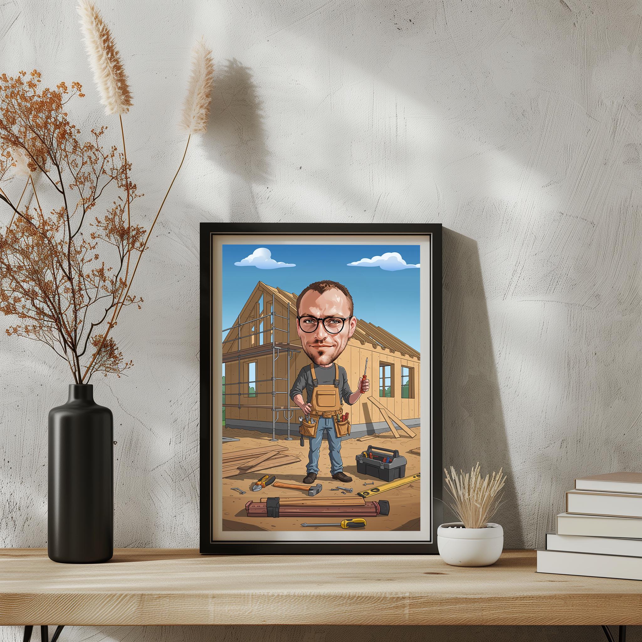 Custom Construction Worker Caricature, Builder Portrait Digital Art ...