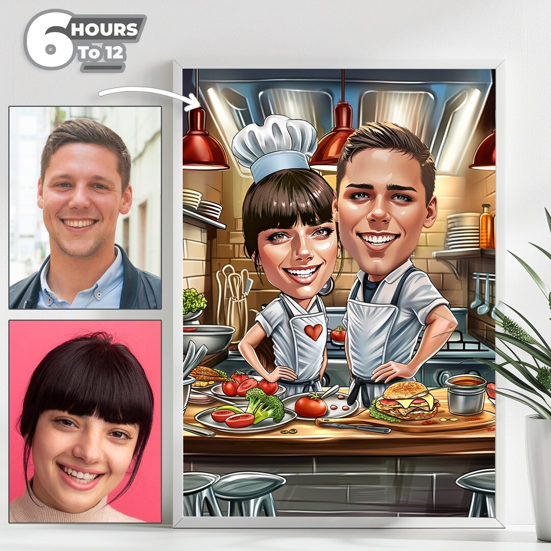 Custom Chef Couple Caricature Portrait From Your Photo, Personalized ...