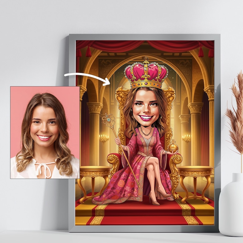 Custom Queen Portrait Art | Personalized Royal Throne Cartoon | Custom ...