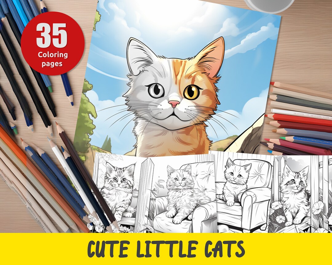 35 Adorable Cats Coloring Pages, Cute Little Cats Bundle, Coloring Book ...