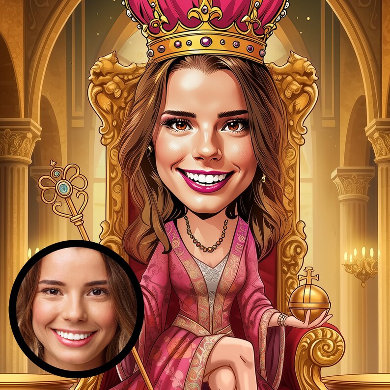 Custom Queen Portrait Art | Personalized Royal Throne Cartoon | Custom ...
