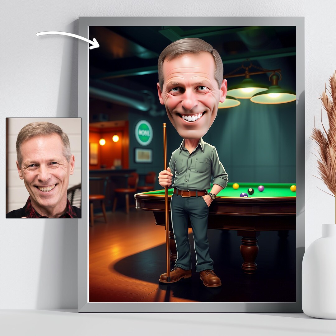 Custom Billiards Caricature - Funny Digital Portrait Gift for Pool ...