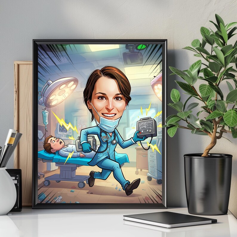 Defibrillator Caricature Portrait | Custom ER Doctor Running Code Blue ...