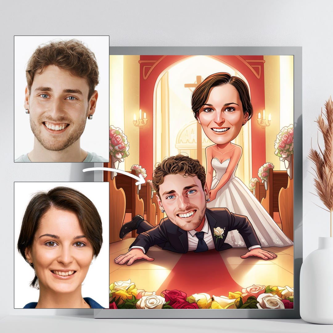 Funny Wedding Cartoon Caricature, Custom Couple Digital Art, Church ...
