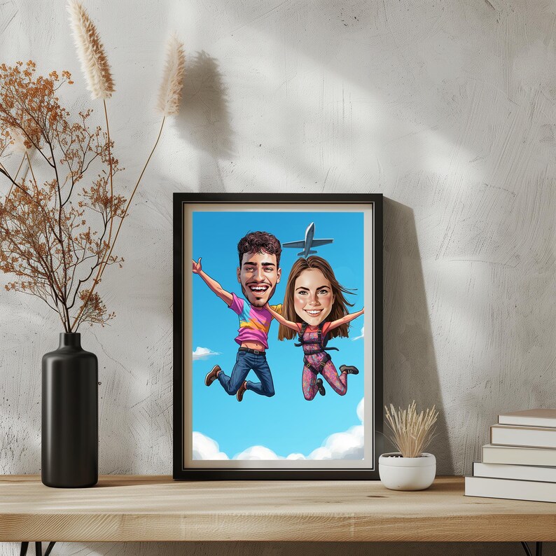 Custom Skydiving Couple Caricature Portrait | Personalized Digital Gift ...