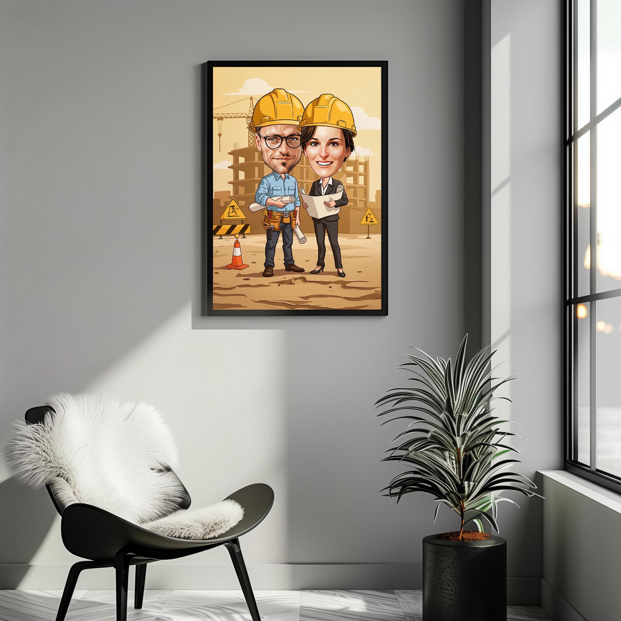 Custom Engineer Cartoon Portrait, Construction Site Digital Drawing ...
