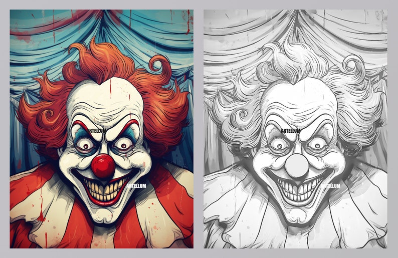 50 Scary Clown Coloring Pages Grayscale Clown Coloring Book - Etsy