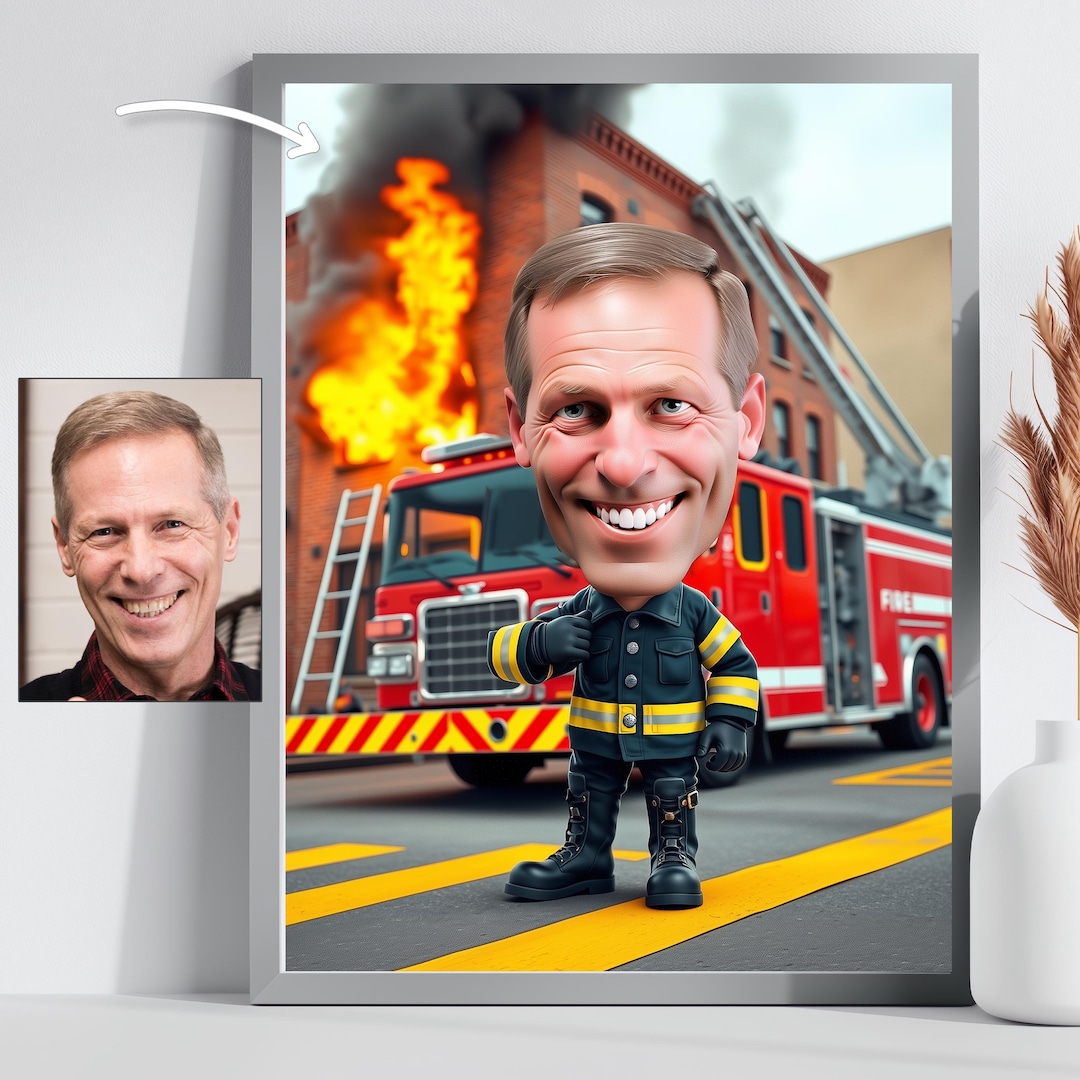Custom Firefighter Caricature, Personalized Fireman Cartoon Portrait ...