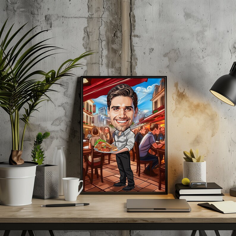Custom Waiter Caricature Portrait - Unique Gift for Waiters, Cartoon ...