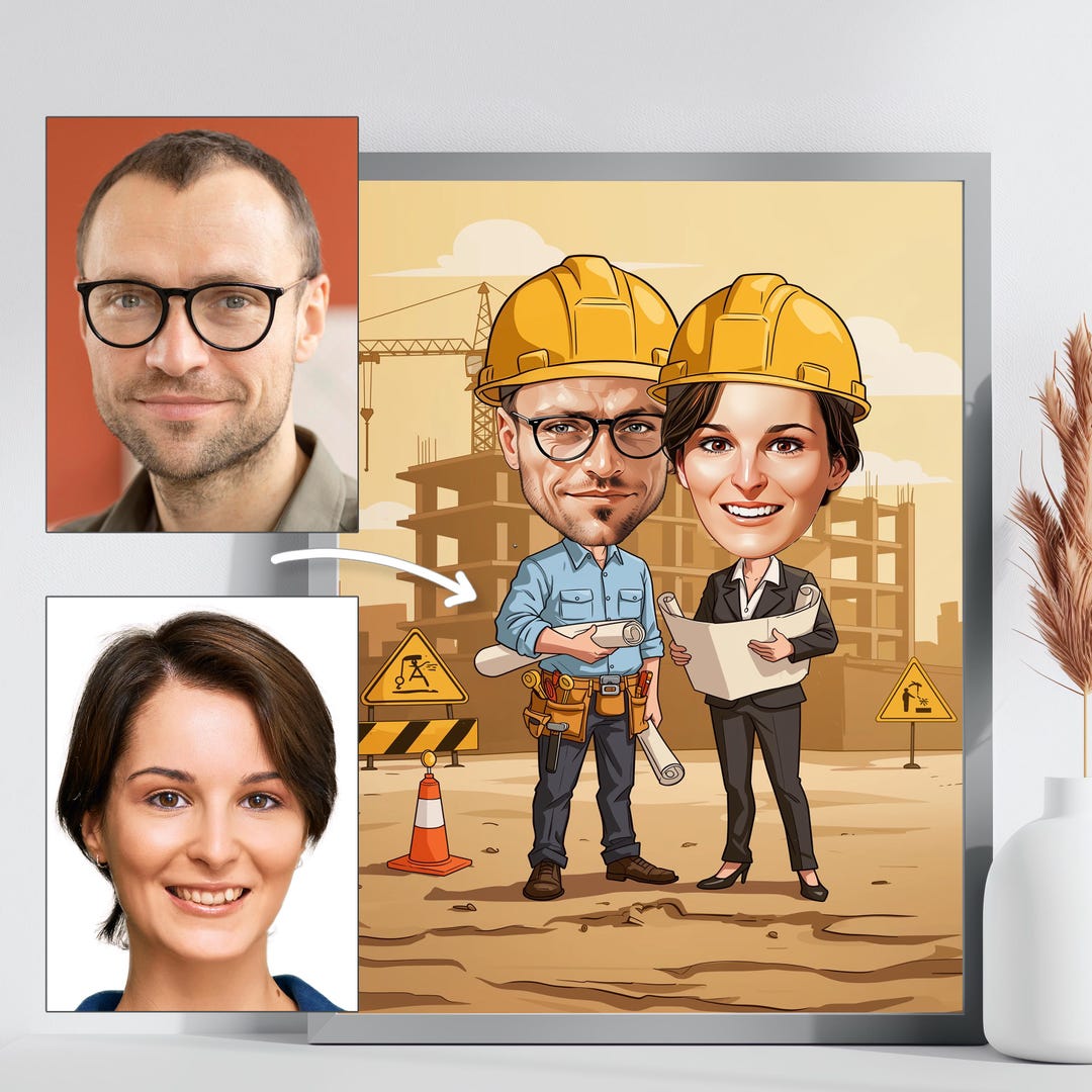 Custom Engineer Cartoon Portrait, Construction Site Digital Drawing ...