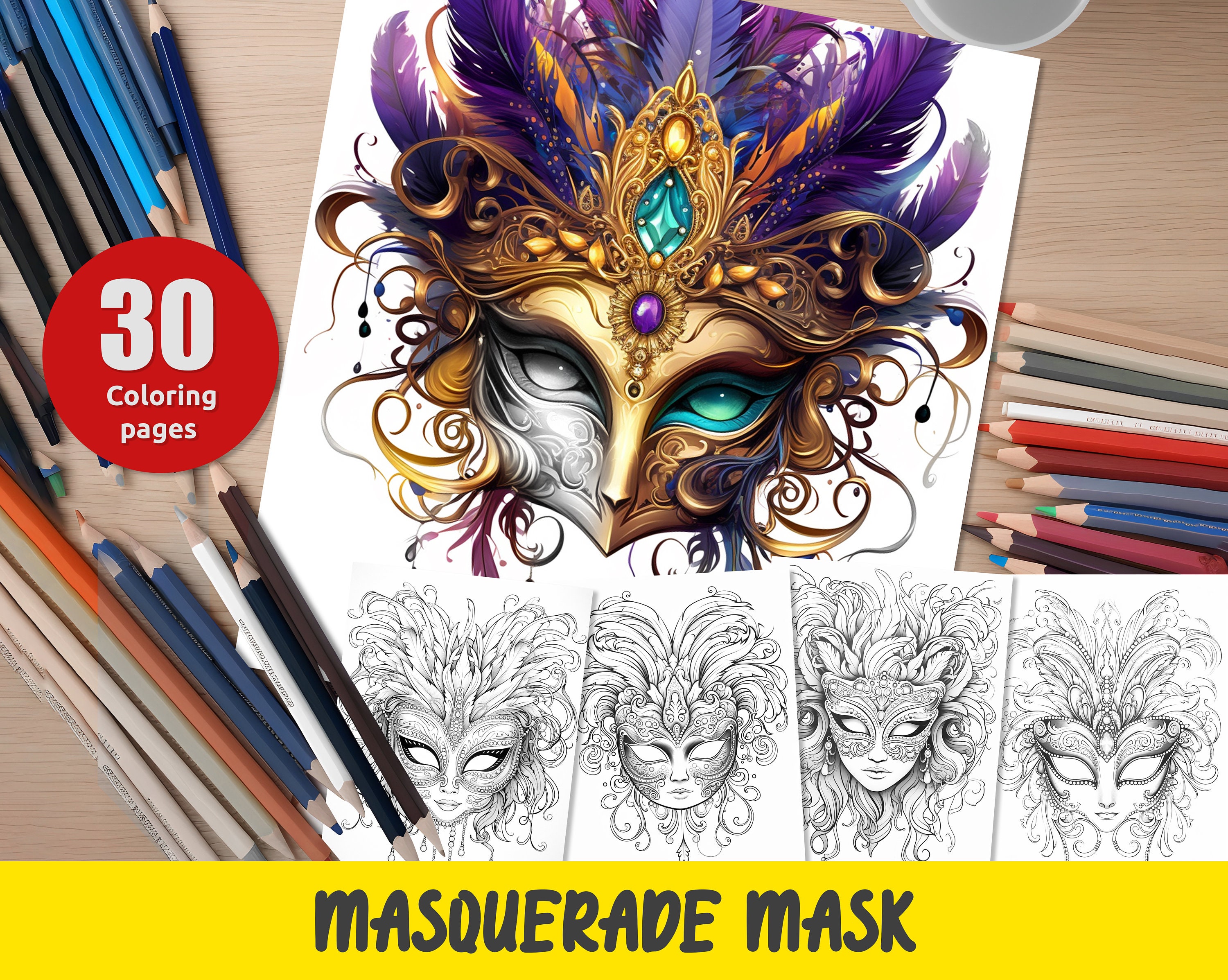 30 Masquerade Mask Digital Coloring Pages, Carnival Mask Coloring Book ...