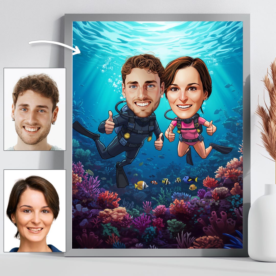 Personalized Scuba Diving Caricature - Custom Underwater Couple Cartoon ...