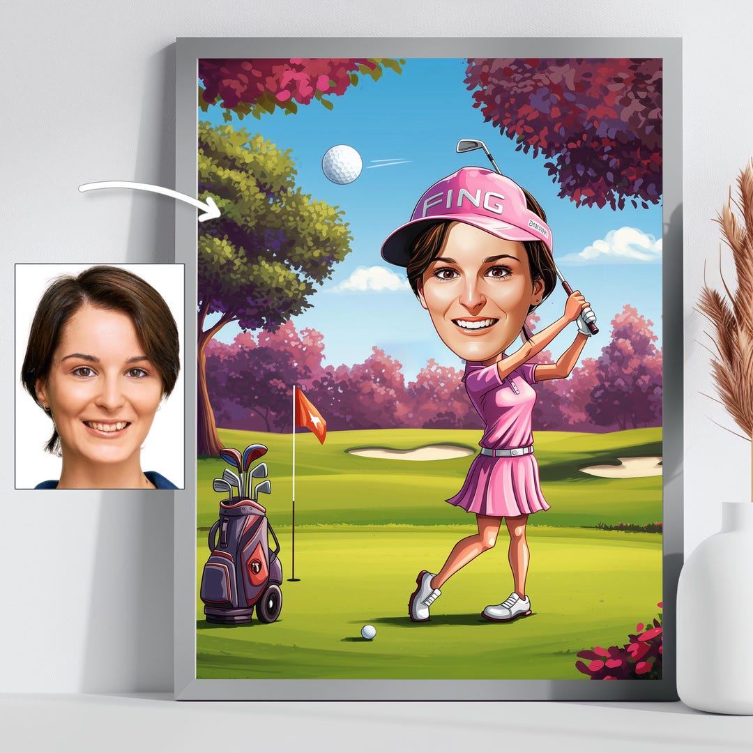 Custom Golf Caricature Portrait | Personalized Female Golfer Cartoon ...