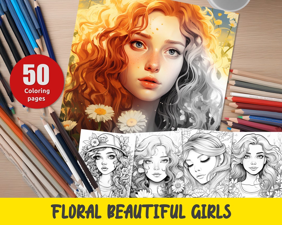 Floral Beautiful Girls Coloring Pages : 50 Printable Greyscale Coloring ...