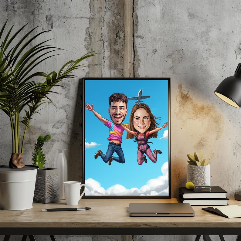 Custom Skydiving Couple Caricature Portrait | Personalized Digital Gift ...