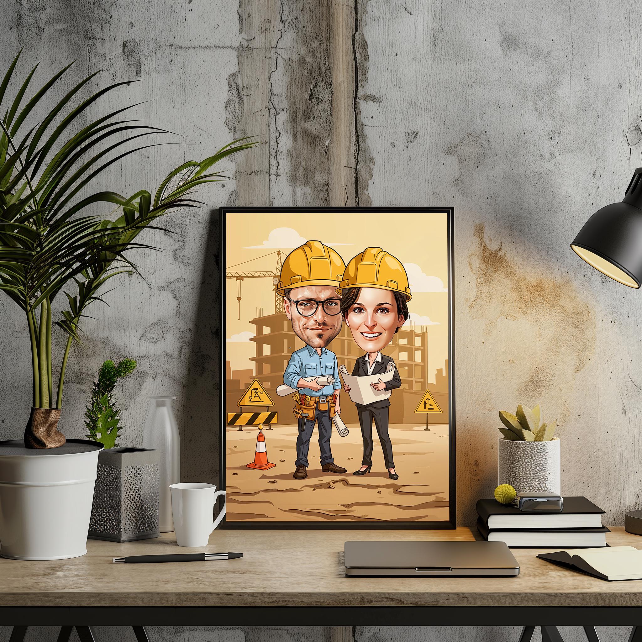 Custom Engineer Cartoon Portrait, Construction Site Digital Drawing ...