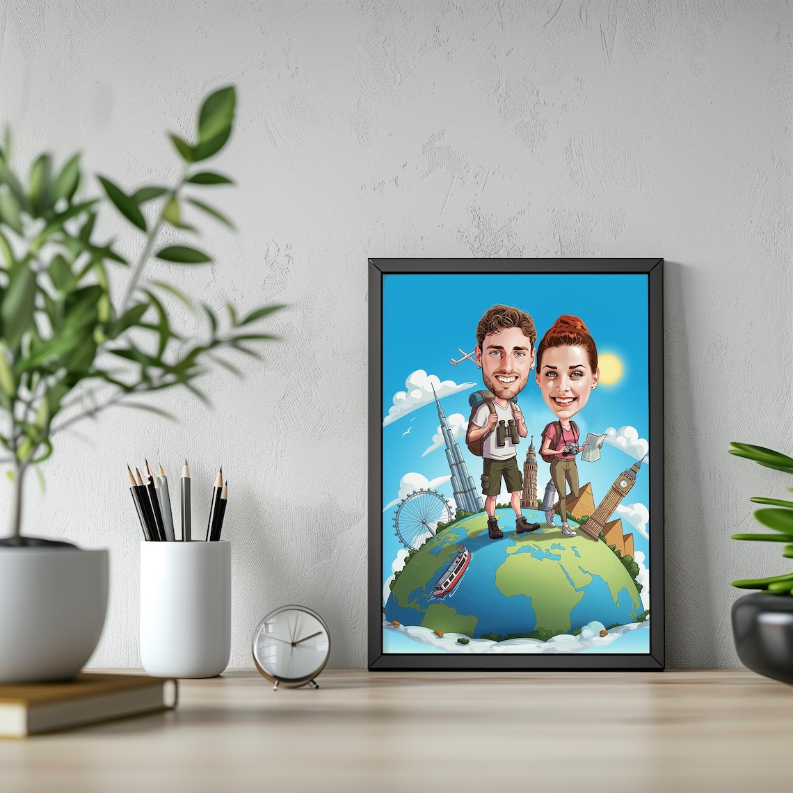 Custom Travel Couple Caricature, World Landmarks Cartoon Portrait ...