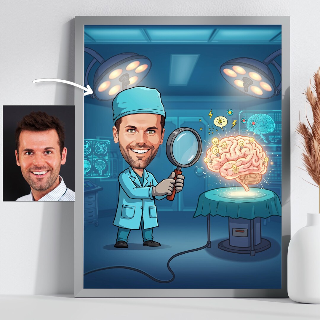 Custom Neuroscience Brain Caricature Art - Digital Surgeon Poster for ...