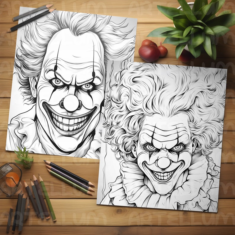 50 Scary Clown Coloring Pages Grayscale Clown Coloring Book - Etsy