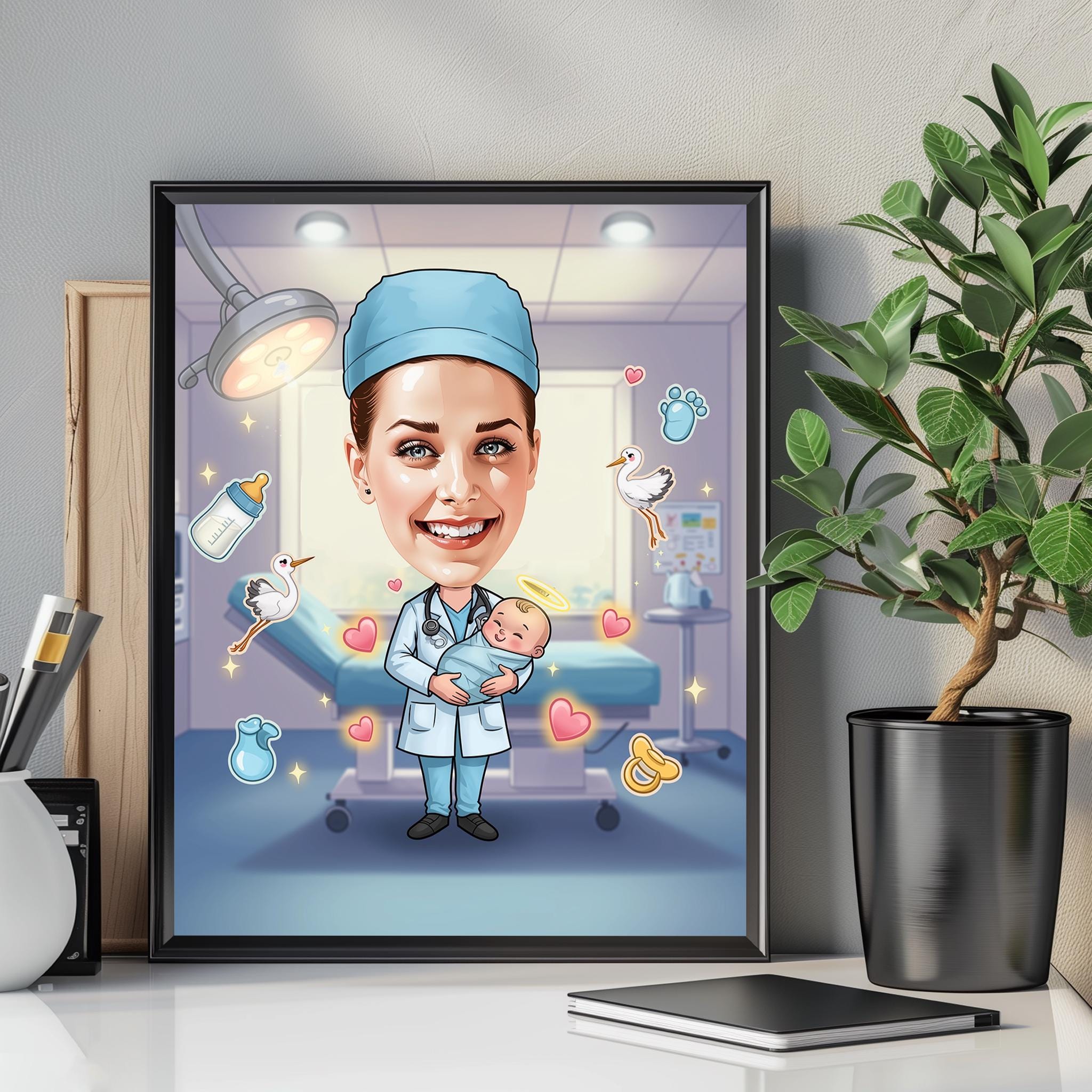 Custom Baby Doctor Caricature | Cute Newborn Delivery Wall Art, Stork ...
