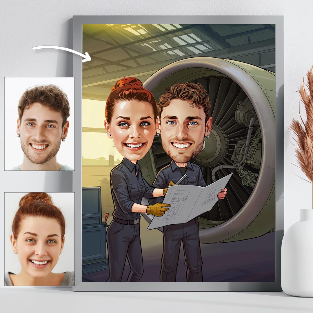 Custom Aviation Couple Caricature | Personalized Airplane Engineer ...