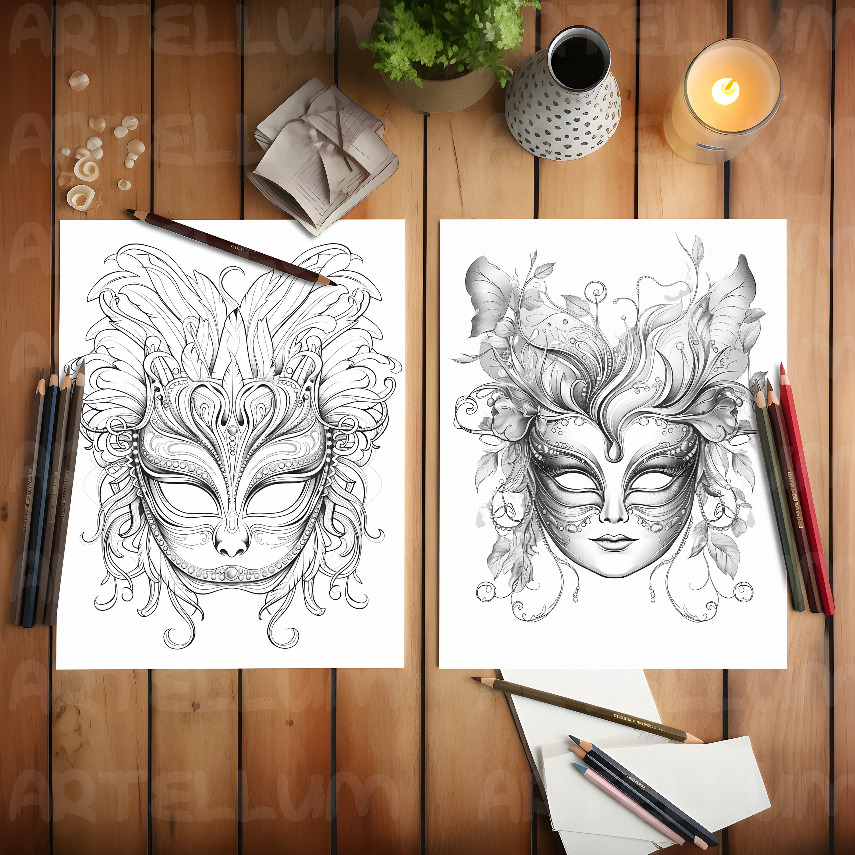30 Masquerade Mask Digital Coloring Pages, Carnival Mask Coloring Book ...