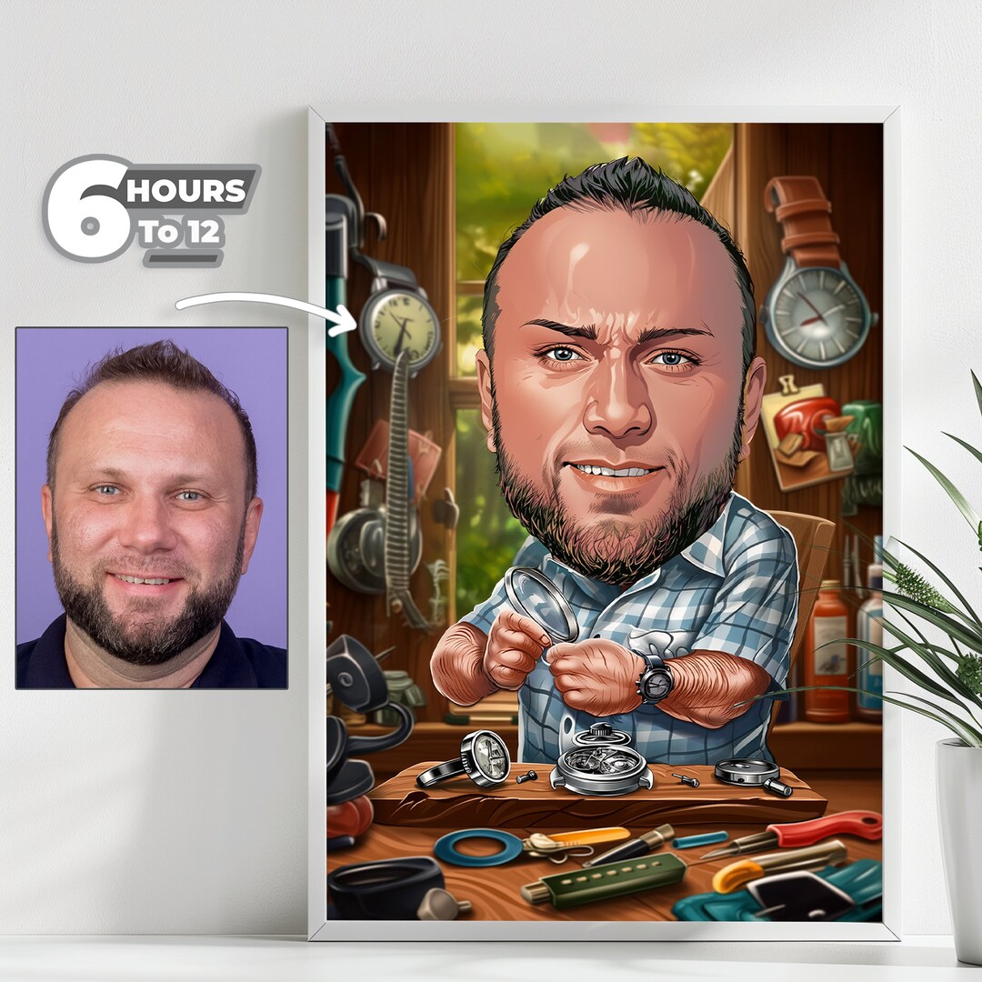 Custom Watchmaker Caricature Portrait - Unique Gift for Watchmakers ...