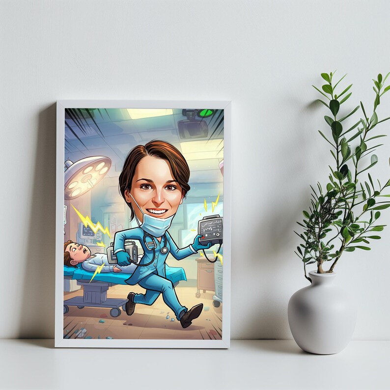 Defibrillator Caricature Portrait | Custom ER Doctor Running Code Blue ...