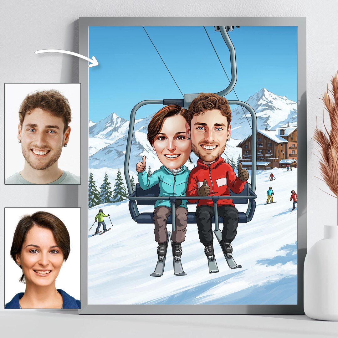 Custom Skiing Couple Cartoon - Personalized Winter Caricature - Snow ...