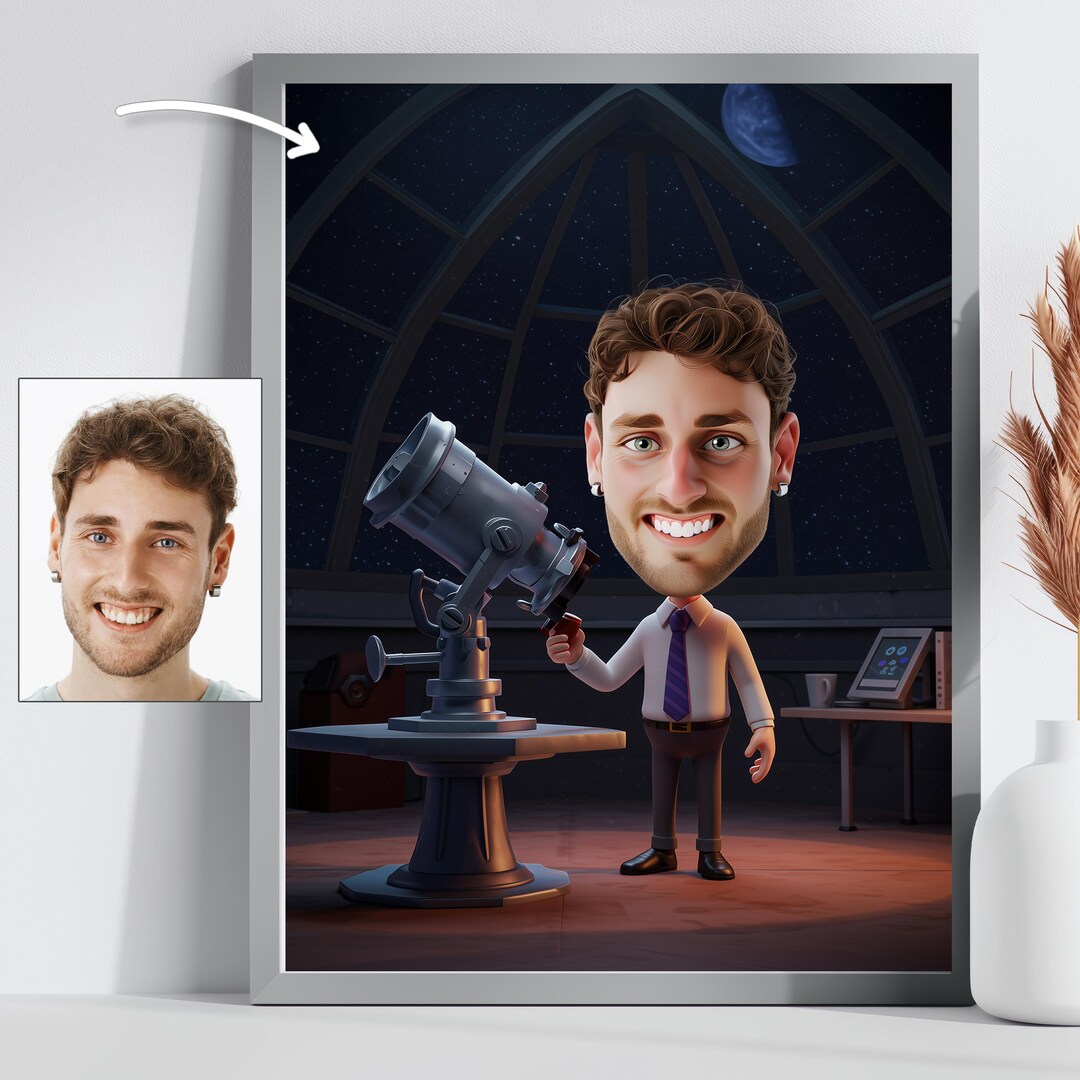 Custom Cartoon Astronomer Portrait Personalized Space Caricature Gift ...